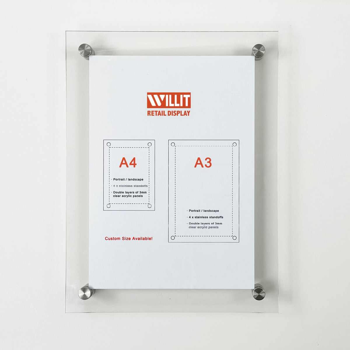 Wall Mount Acrylic Sign Holder with Standoffs – Willit Retail Display